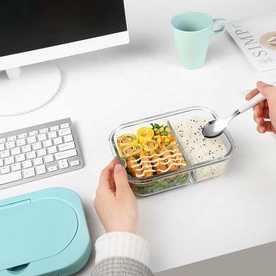 Rectangle Office Glass Bento Box Set 2 Sections Multipurpose